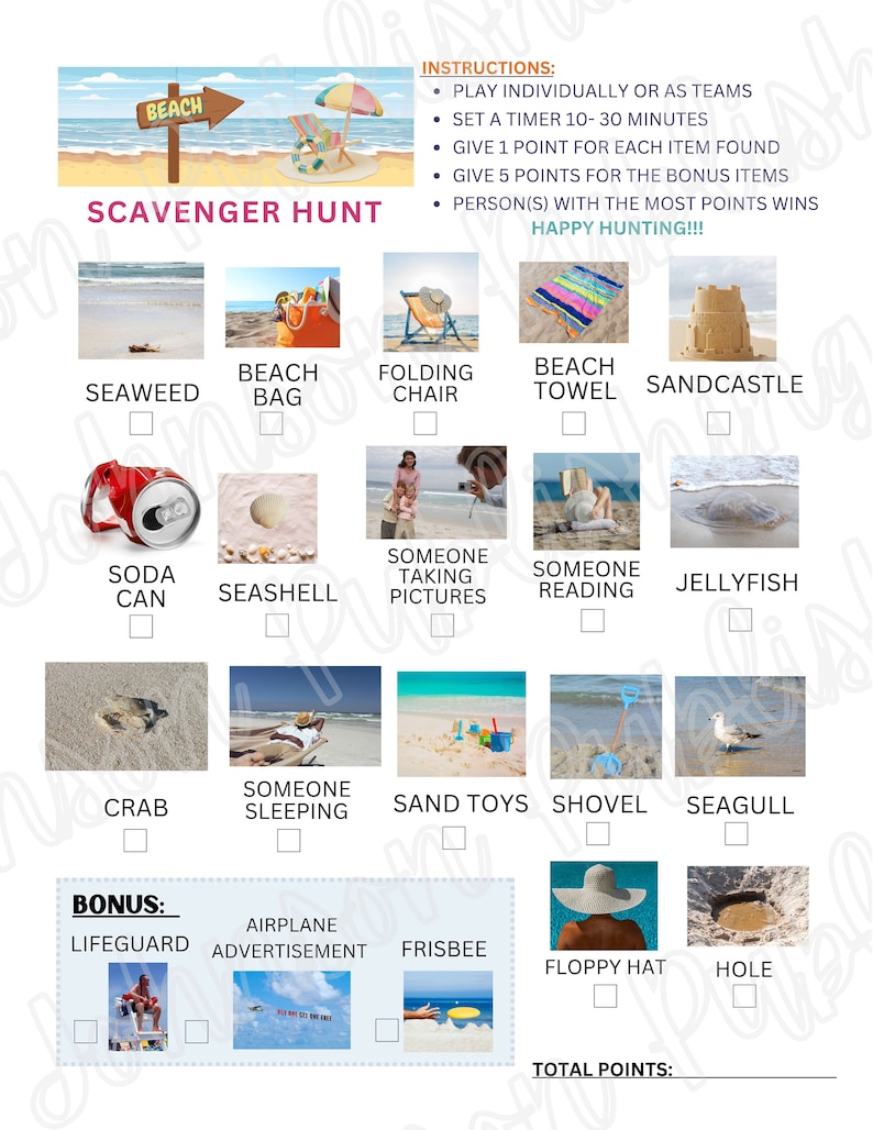 BEACH SCAVENGER HUNT Outdoor, Kids Family Activity Game, Printable ...