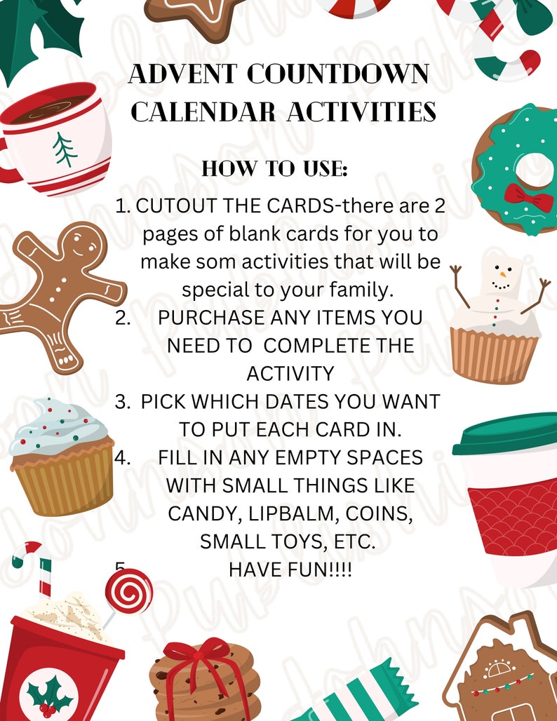 Christmas Advent Calendar Countdown Cards and Activities. Games, Movies ...