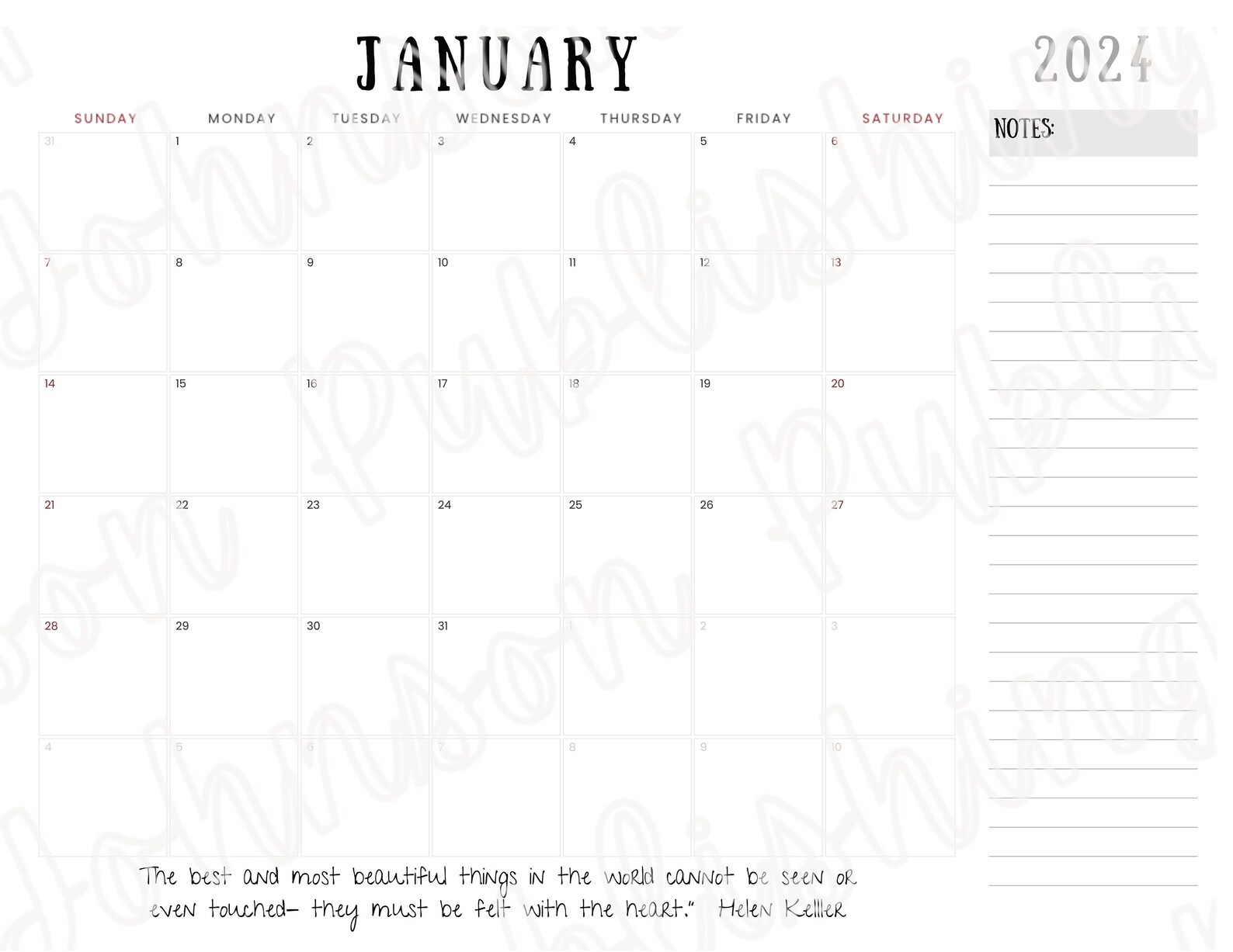 2024 Monthly Calendar Inspirational Quotes Printable landscape 11 X 8.5 ...