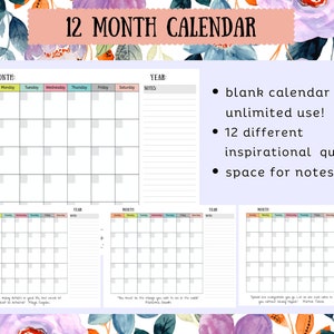 Blank Monthly Calendar- Inspirational Quotes Printable (landscape 11 X ...