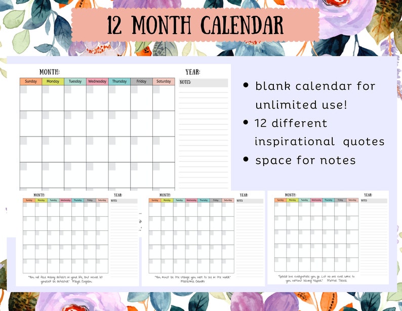 Blank Monthly Calendar- Inspirational Quotes Printable (landscape 11 X ...