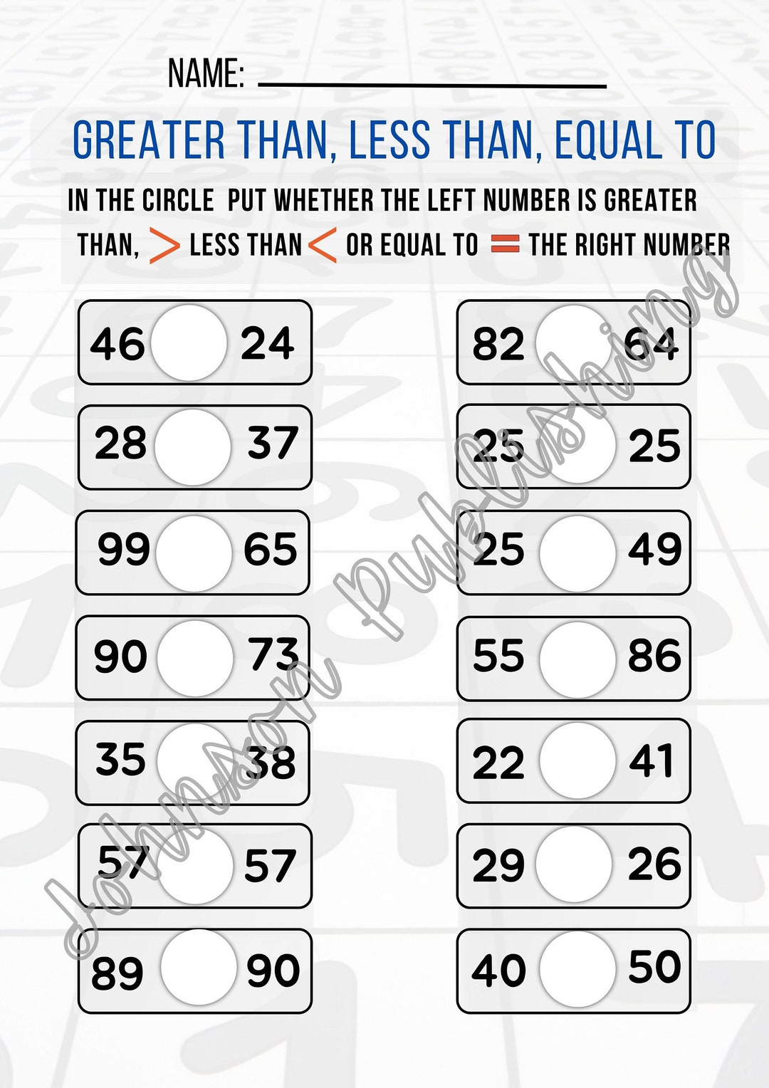 Math Worksheet:greater,less, Equal to . Printable, Digital, Worksheet ...