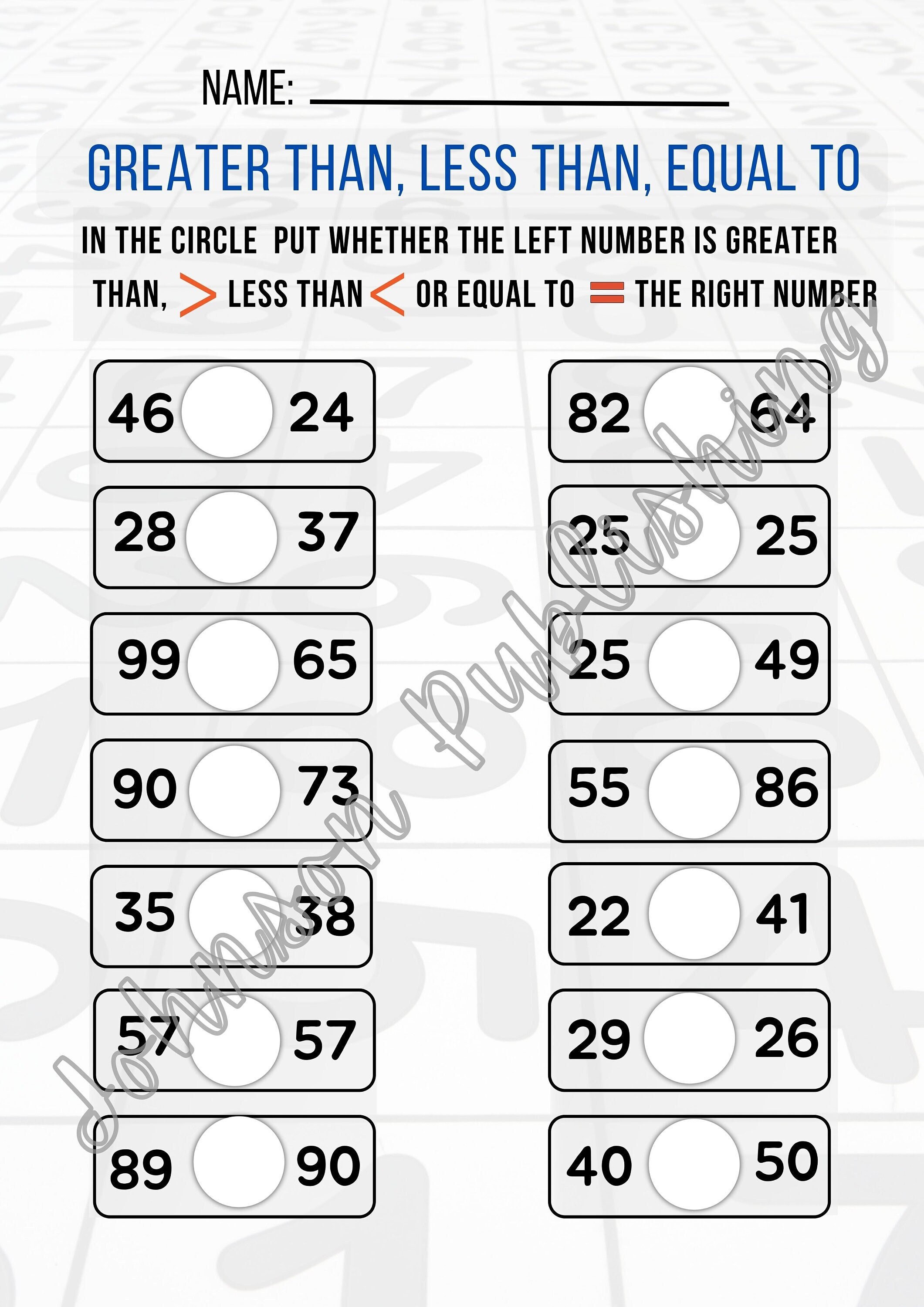 Math Worksheet:greater,less, Equal to . Printable, Digital, Worksheet ...