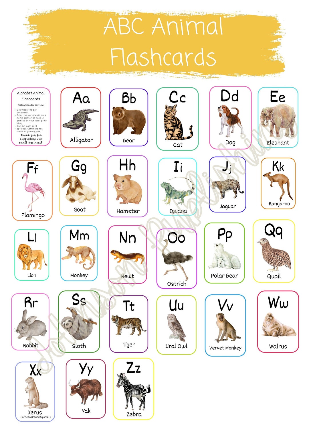 Alphabet Flashcards: Animals. Printable, Digital, Foundational Learning ...