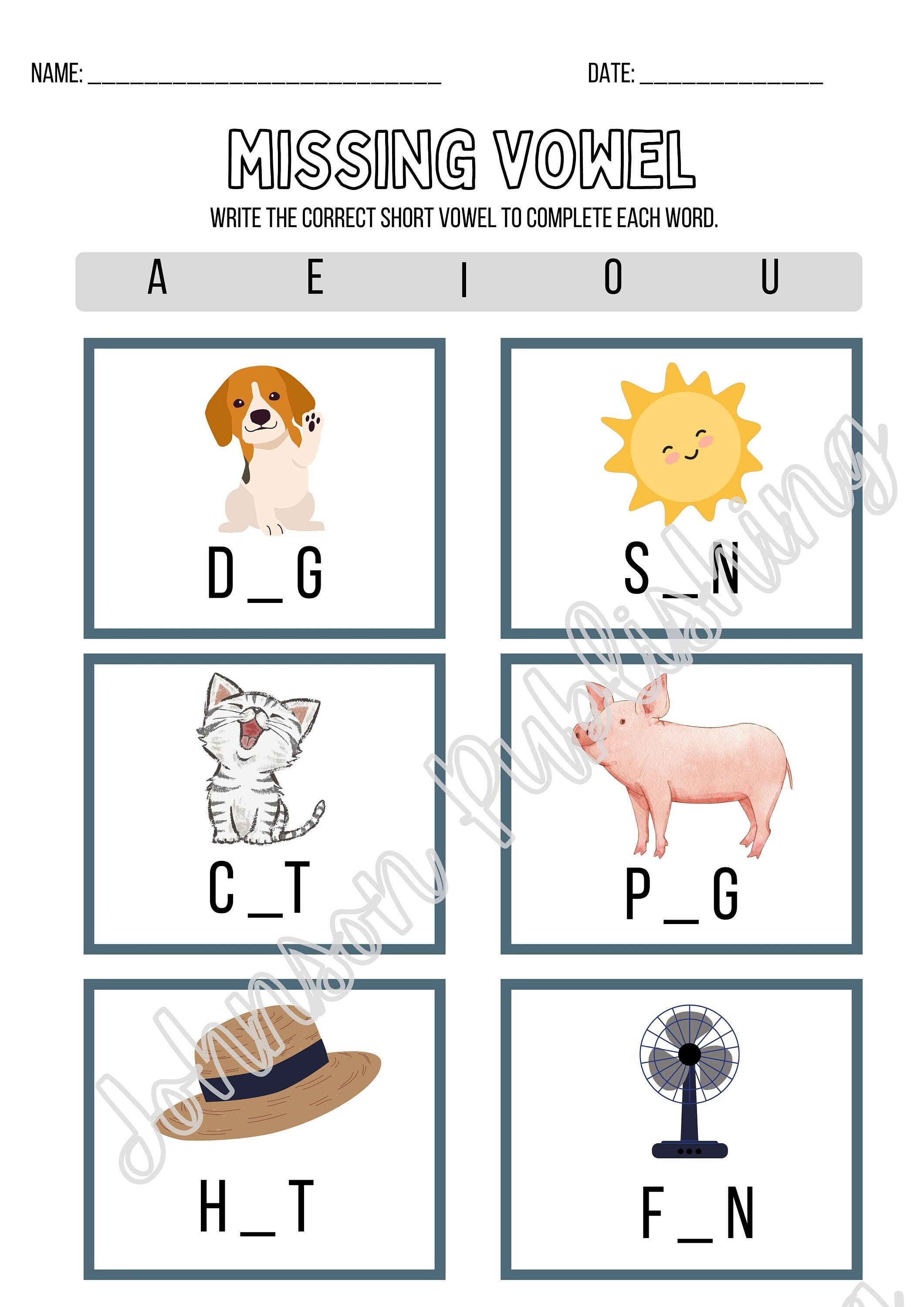 Vowel Worksheet:missing Vowel Practice Printable, Digital, Worksheet, Summer Learning ...