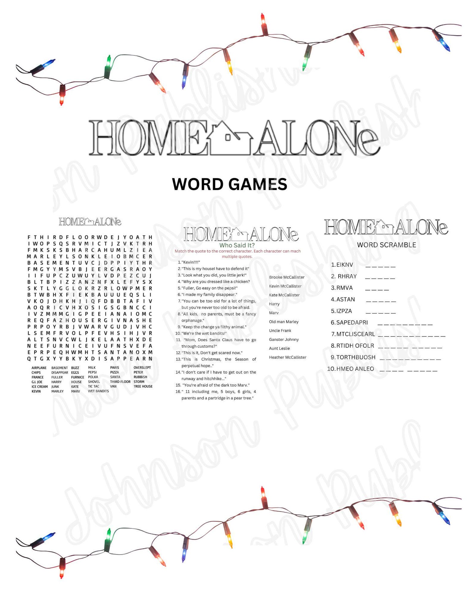 HOME ALONE Family Movie Night Activity Kit Companion, Printable Instant ...