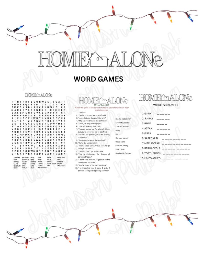 HOME ALONE Family Movie Night Activity Kit Companion, Printable Instant ...