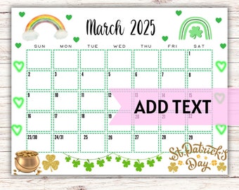 EDITABLE March 2025 Calendar, Printable Calendar 2025 W/ St Patricks Day Pot of Gold, Cute Kids ...