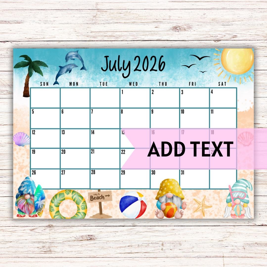 EDITABLE Printable July Calendar 2026 | Adorable Beach Scene Gnome July ...