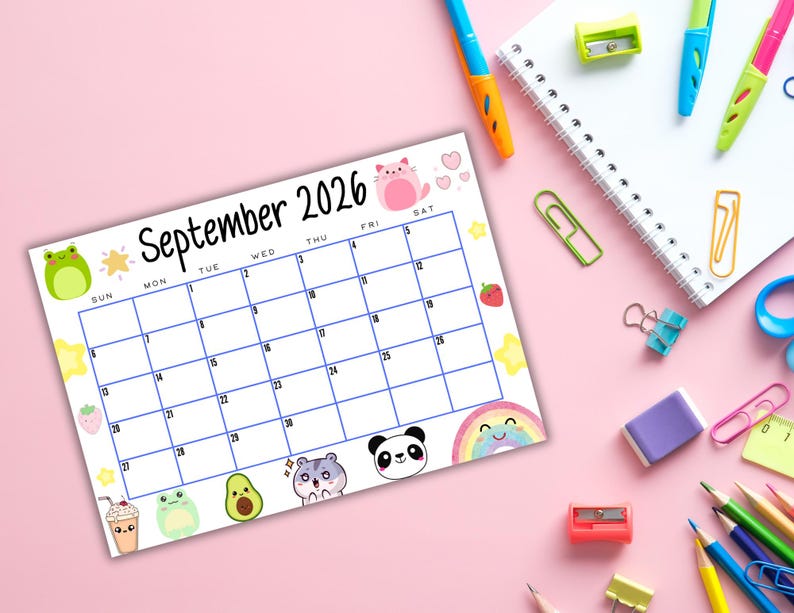 EDITABLE Printable September Calendar 2026 | Cute Kid's Kawaii ...