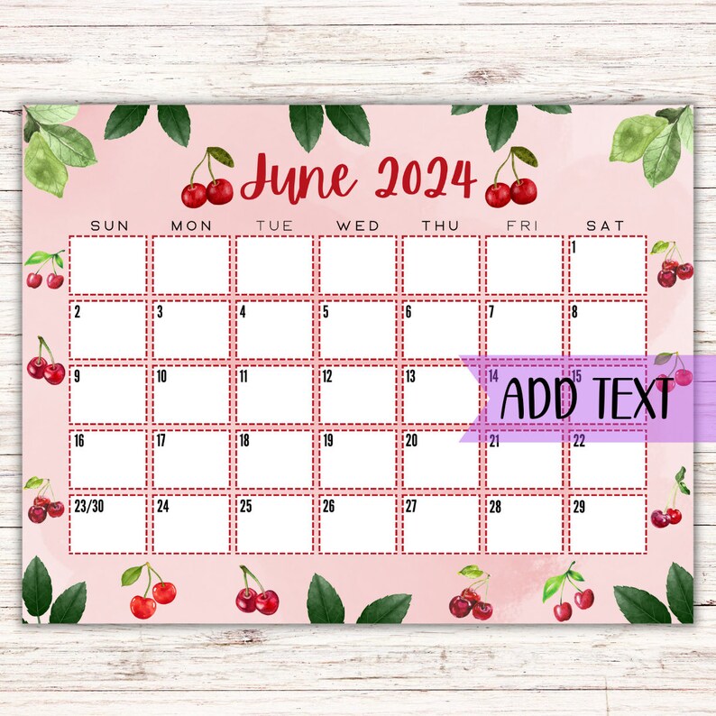 EDITABLE Printable June Calendar 2024 Cute Watercolor Cherry Themed ...