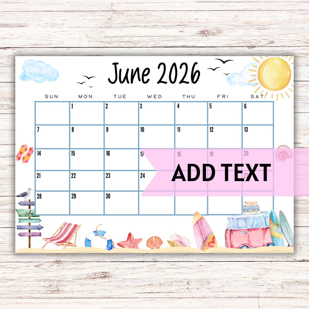 EDITABLE June Calendar 2026 | Cute Summer Calendar W/ Beach Truck and ...