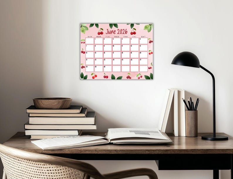 EDITABLE Printable June Calendar 2026 | Cute Watercolor Cherry Themed ...