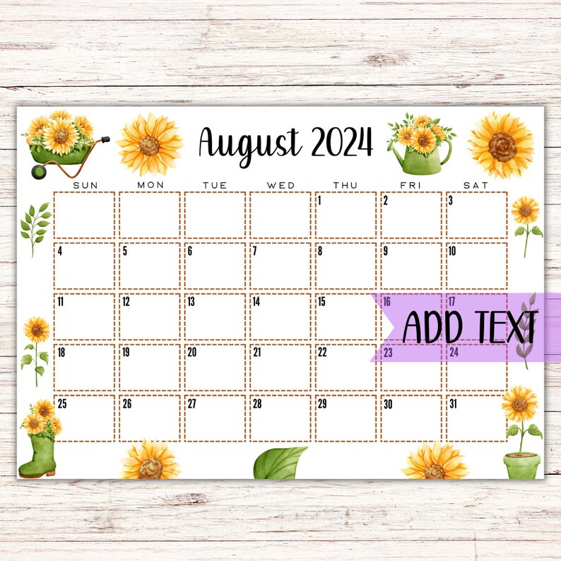 EDITABLE Printable August Calendar 2024 Cute Sunflower - Etsy