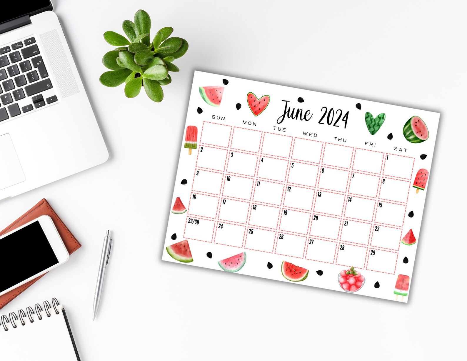 EDITABLE Printable June Calendar 2024 Watermelon Themed Calendar Summer ...