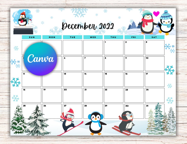 EDITABLE Printable December Calendar 2022 Christmas Penguin - Etsy