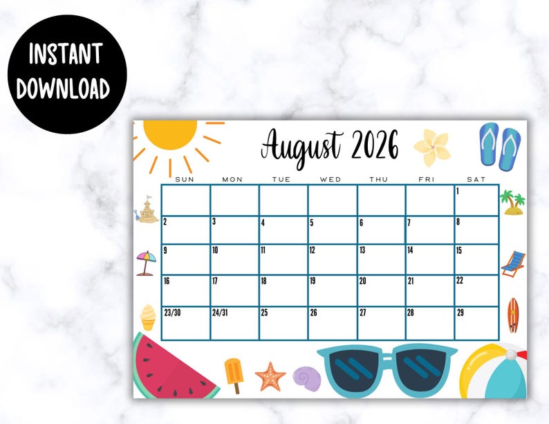 EDITABLE Printable August Calendar 2026 | Cute Summer Themed Calendar W ...