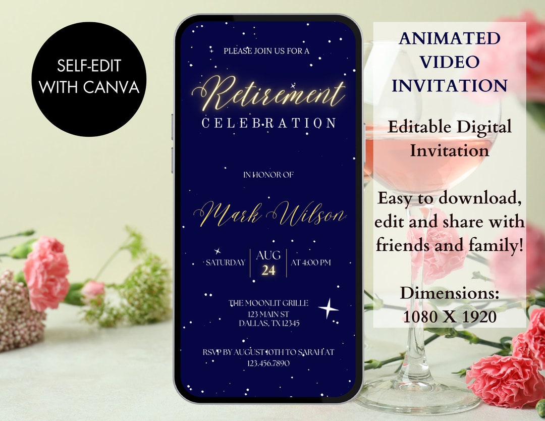 Animated Retirement Party Invitation | Navy Blue and Gold Neon Invite ...