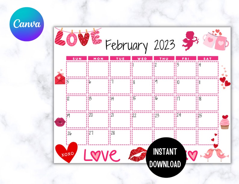 EDITABLE Printable February Calendar 2023 Cute - Etsy