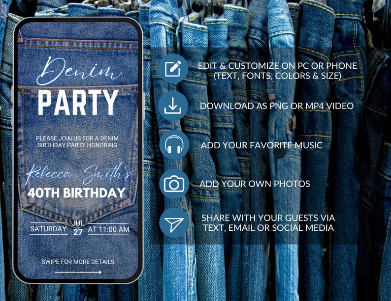 Digital Denim Birthday Party Invitation | Editable Blue Jeans Birthday ...