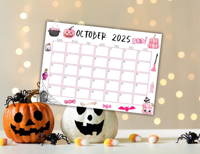 EDITABLE Printable October Calendar 2025 | Cute & Spooky Pink Halloween ...