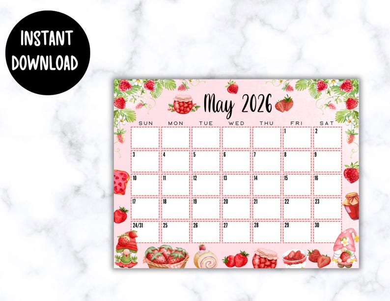 EDITABLE Printable May Calendar 2026 | Cute Strawberry Gnome May ...