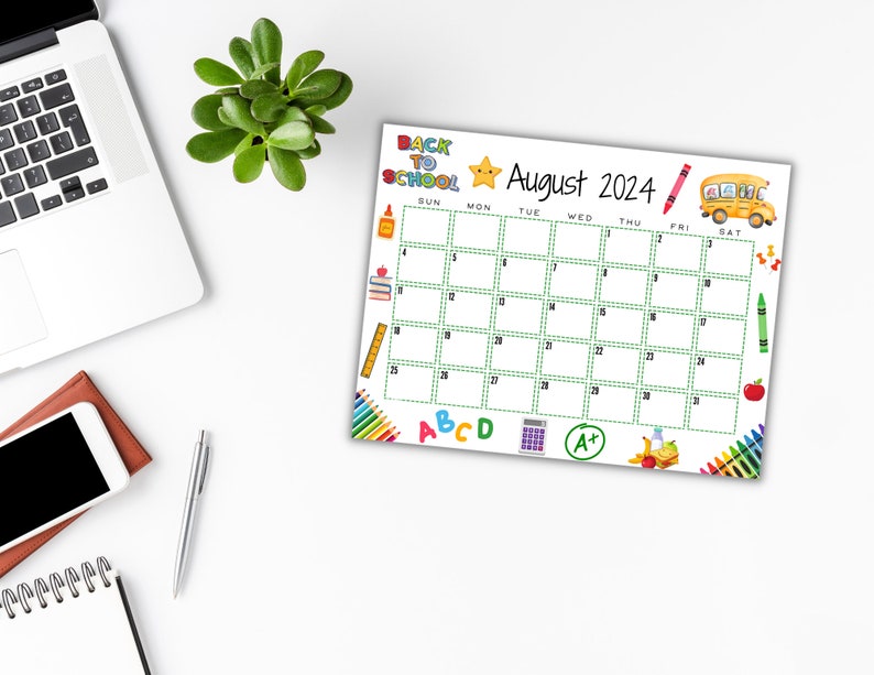 EDITABLE Printable August Calendar 2024 Colorful Back to School ...