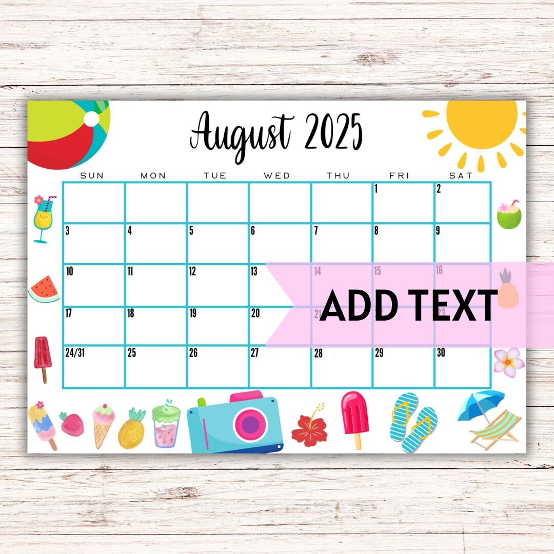 EDITABLE Printable August Calendar 2025 | Cute Summer Themed August ...