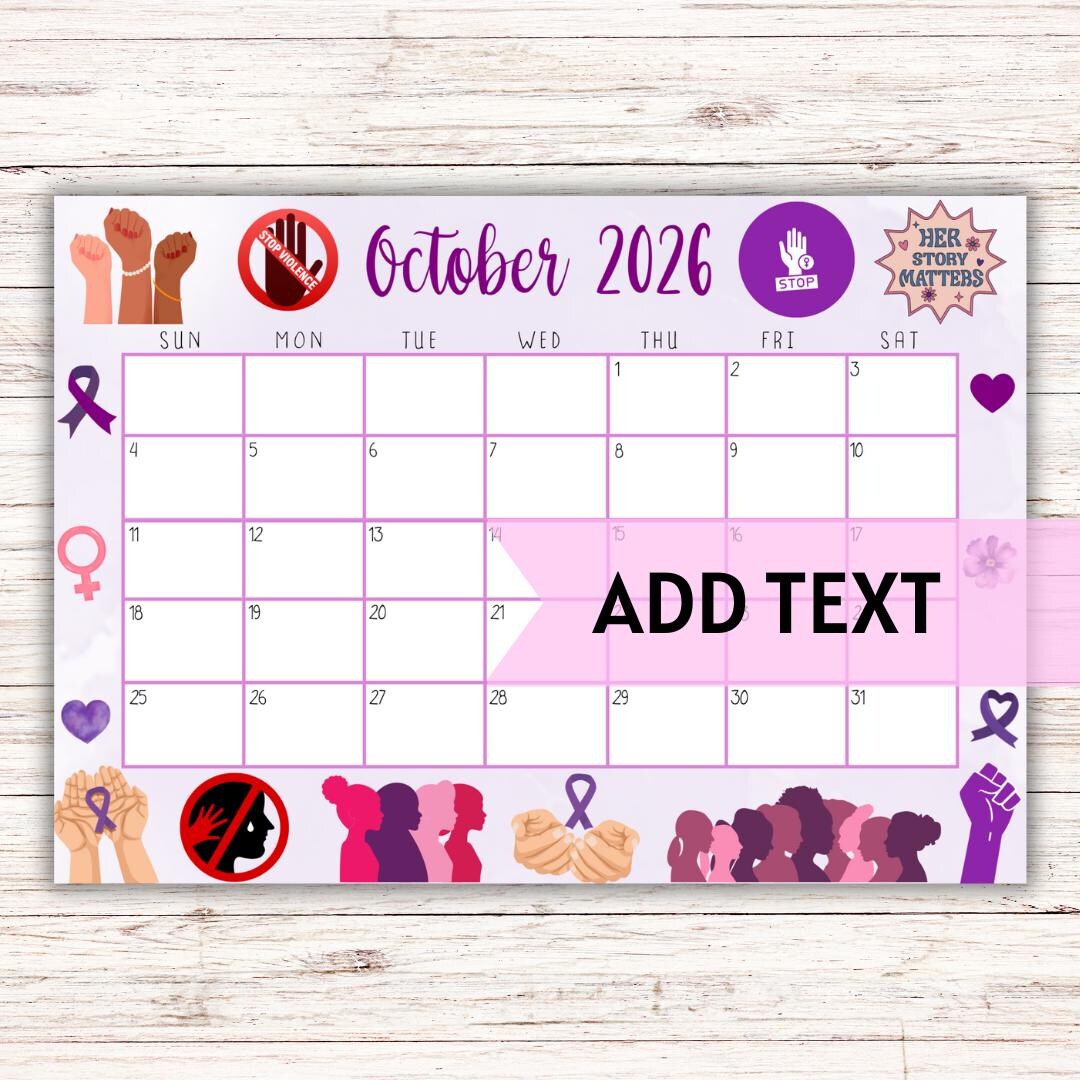 EDITABLE Printable October Calendar 2026 | Purple Domestic Violence ...