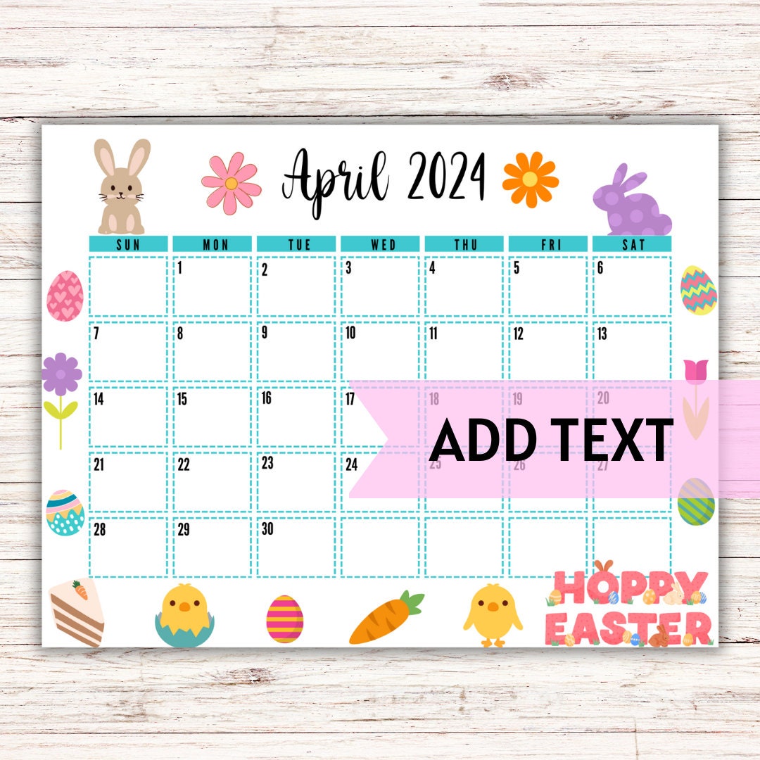 EDITABLE Printable April Calendar 2024 Cute Easter Calendar Printable ...
