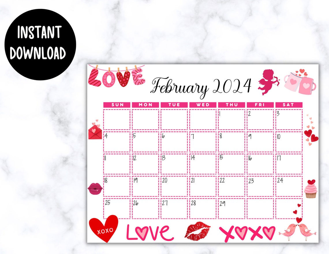EDITABLE Printable February Calendar 2024 Cute Valentine's Day February ...