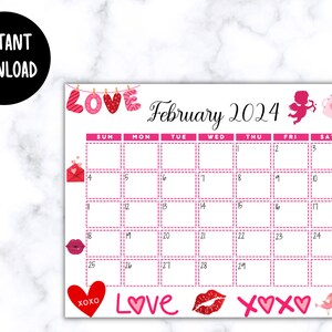 EDITABLE Printable February Calendar 2024 Cute Valentine's Day February ...