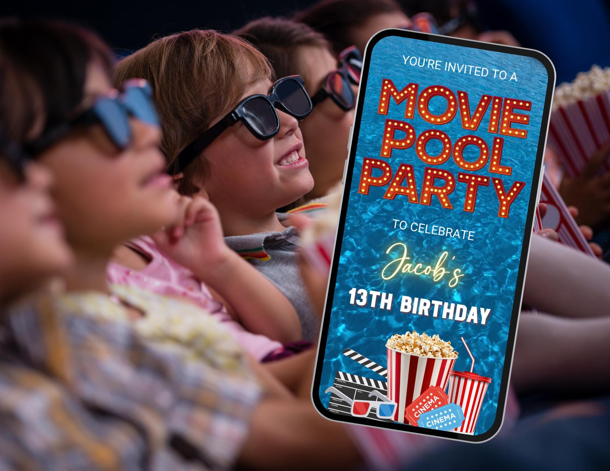 Animated Movie Pool Party Invitation | Digital Movie Theater Invite for ...
