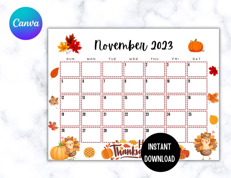 EDITABLE Printable November Calendar 2023 Cute Turkey - Etsy