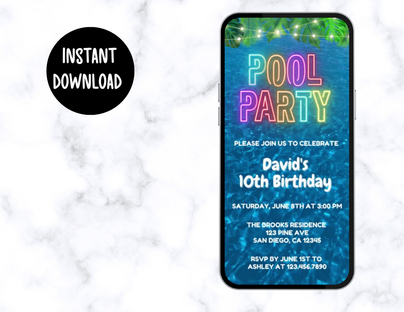 Animated Pool Party Birthday Invitation | Neon Pool Party Evite | Pool ...