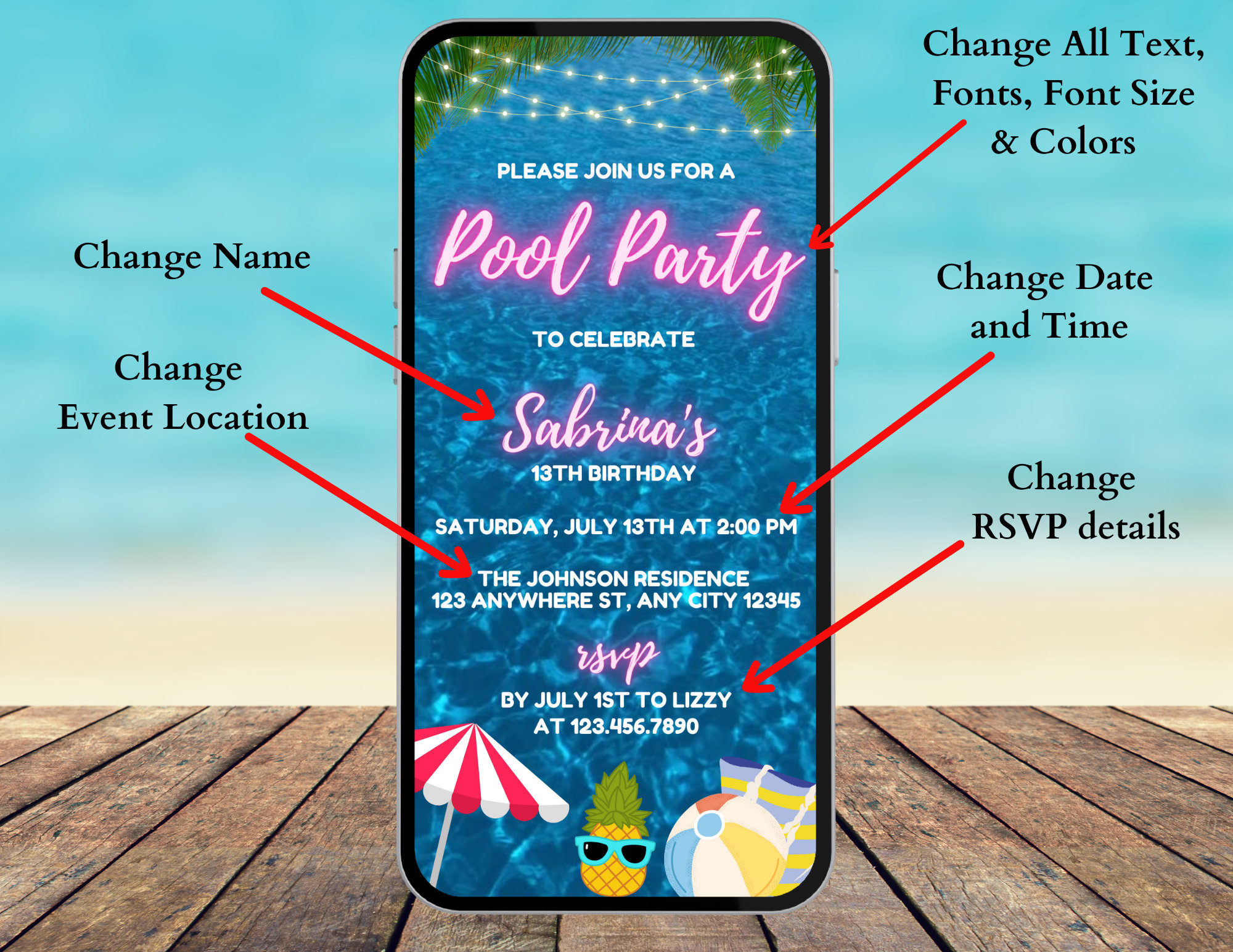 Animated Pool Party Birthday Invitation | Neon Pool Party Evite | Pool ...