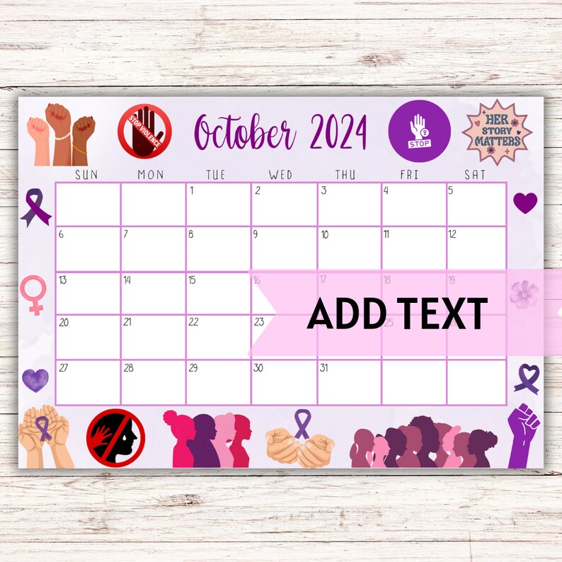 EDITABLE Printable October Calendar 2024 Purple Domestic Violence ...