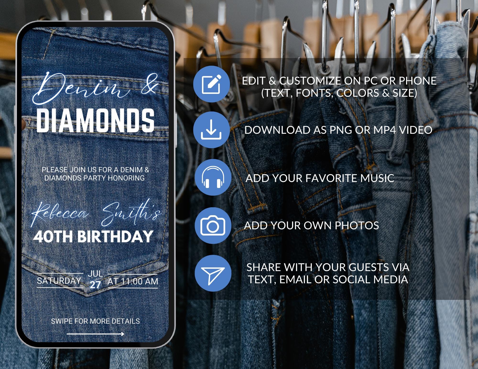 Digital Denim and Diamonds Invitation | Denim Invitation | Diamonds ...