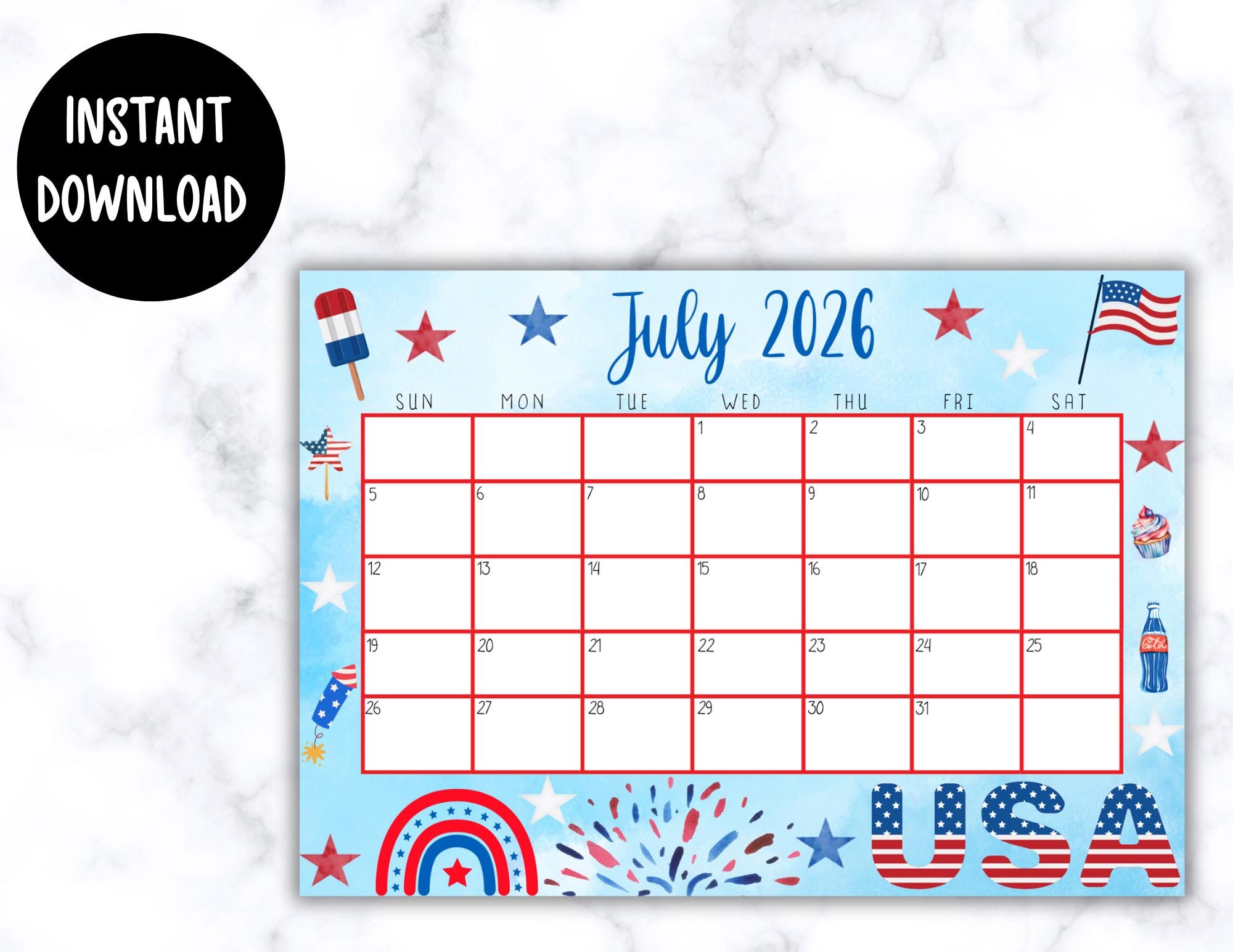 EDITABLE Printable July Calendar 2026 | Cute and Festive 4th of July ...
