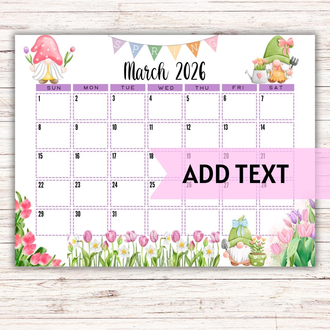 EDITABLE Printable March 2026 Calendar | Watercolor Spring Gnomes ...