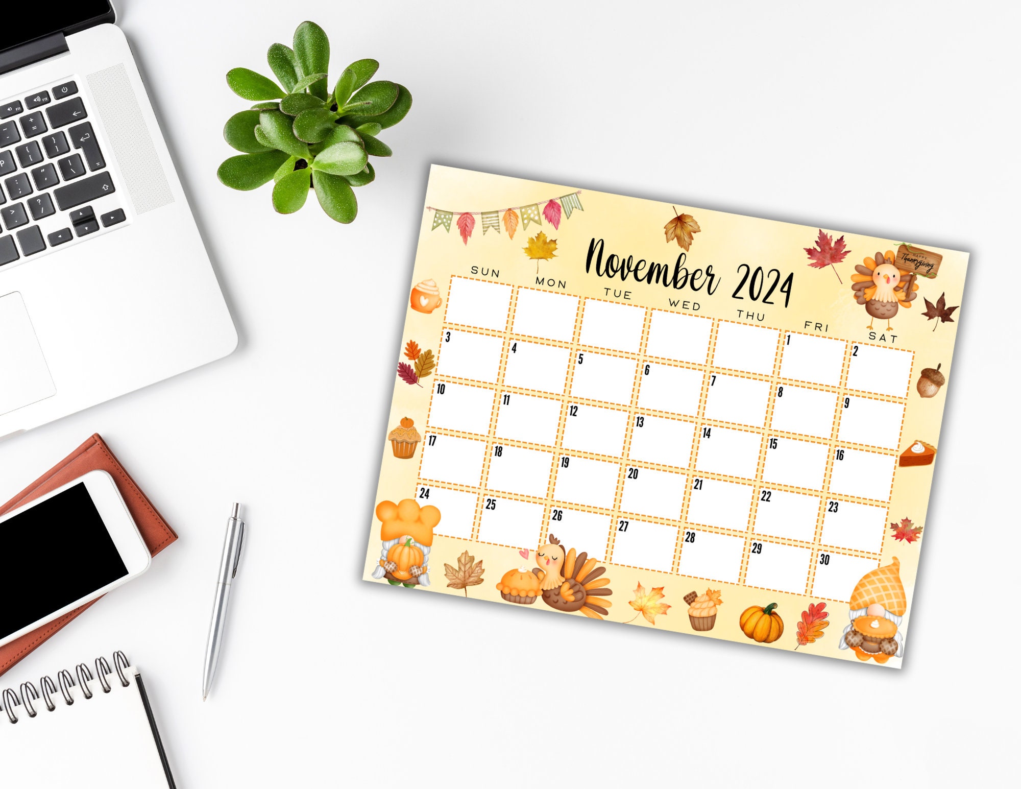 EDITABLE Printable November Calendar 2024 Cute Gnome and Turkey ...