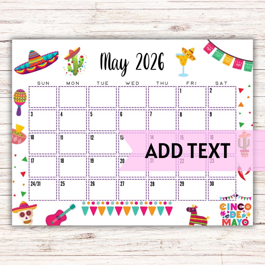 EDITABLE Printable May Calendar 2026 | Cinco De Mayo Themed Calendar ...