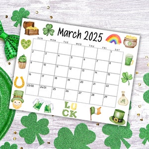 EDITABLE Printable March 2025 Calendar | Cute St. Patrick's Day March ...