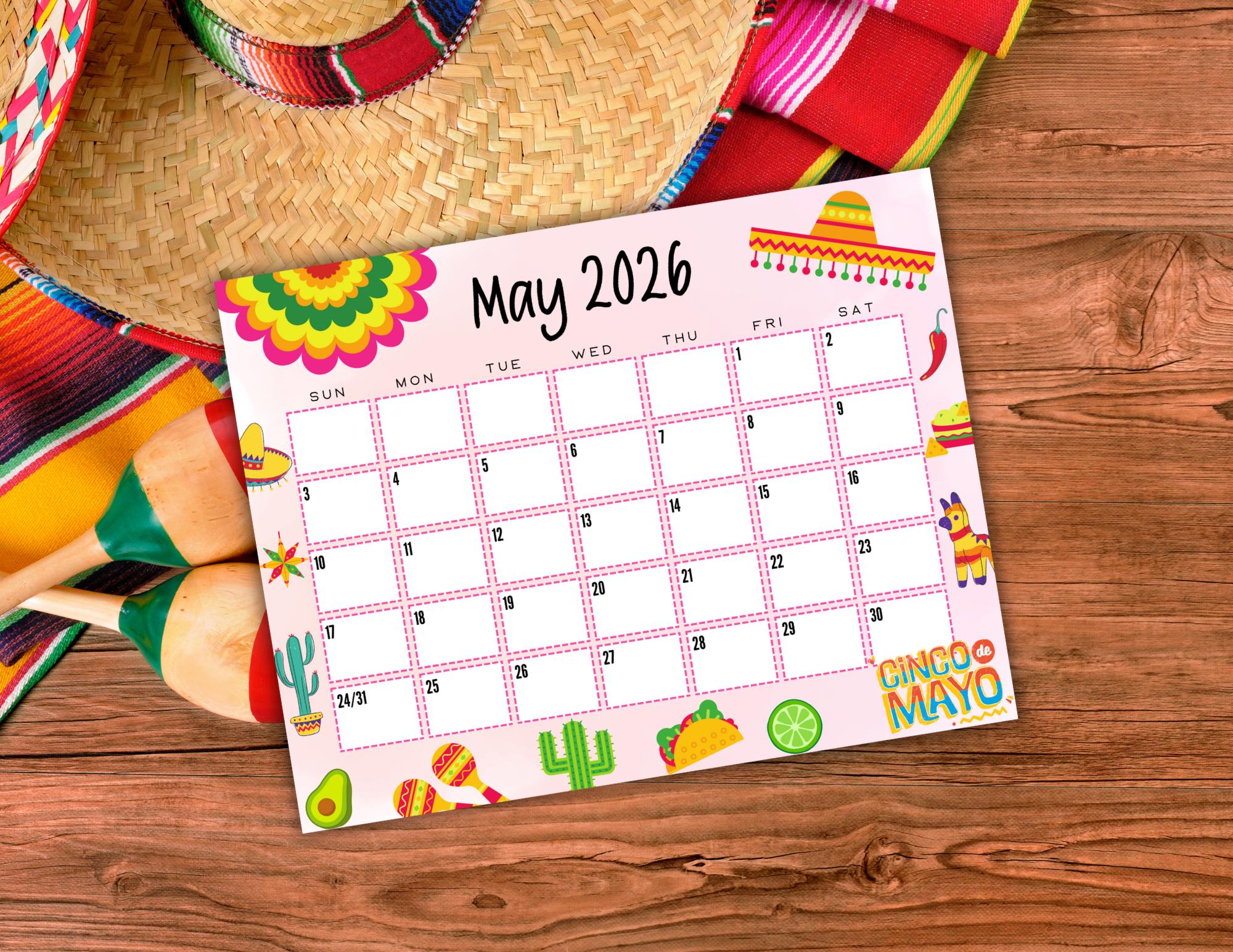 EDITABLE Printable May Calendar 2026 | Cinco De Mayo Calendar | Family ...