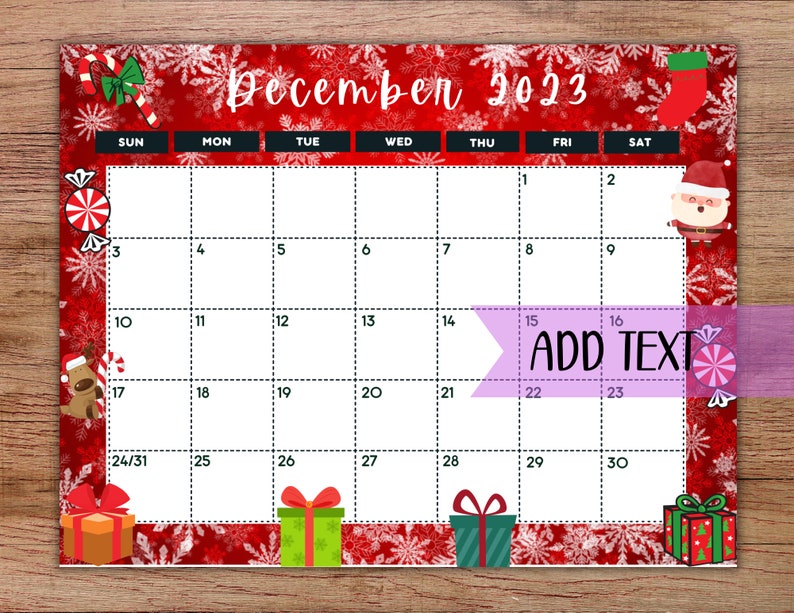 EDITABLE Printable December Calendar 2023 Christmas Calendar - Etsy