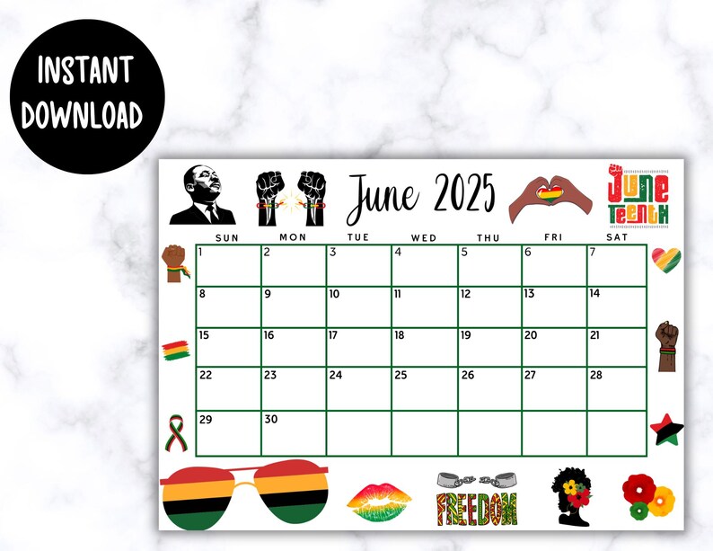 EDITABLE Printable June Calendar 2025 | Juneteenth Calendar | Black ...