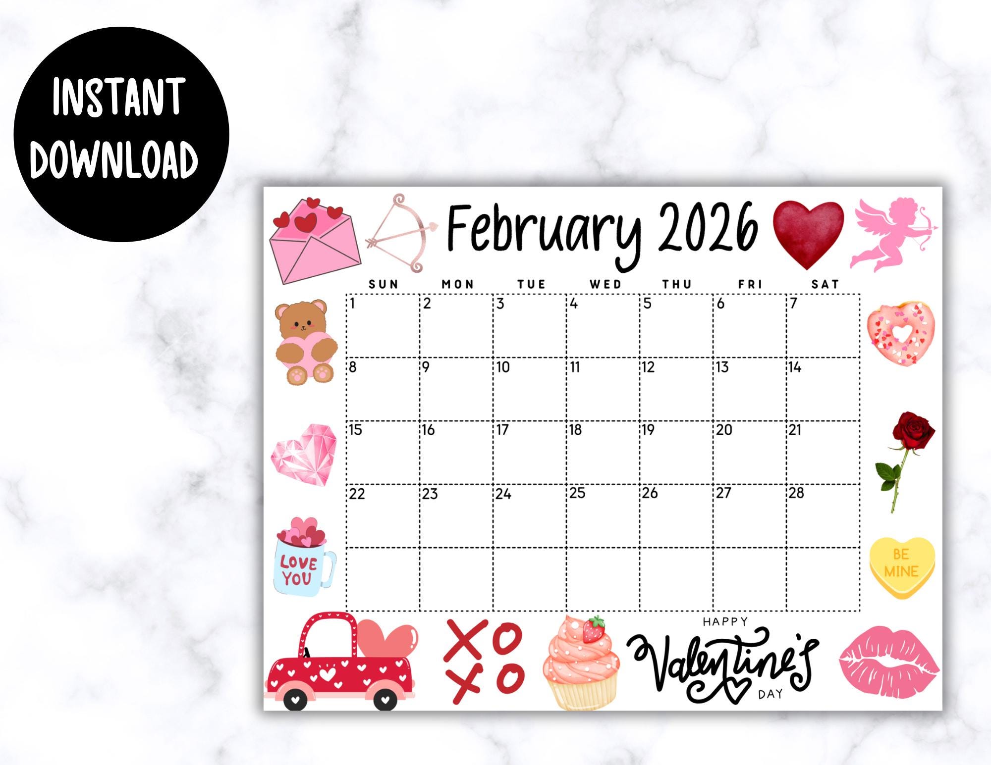 EDITABLE Printable February Calendar 2026 | Cute Valentine's Day ...