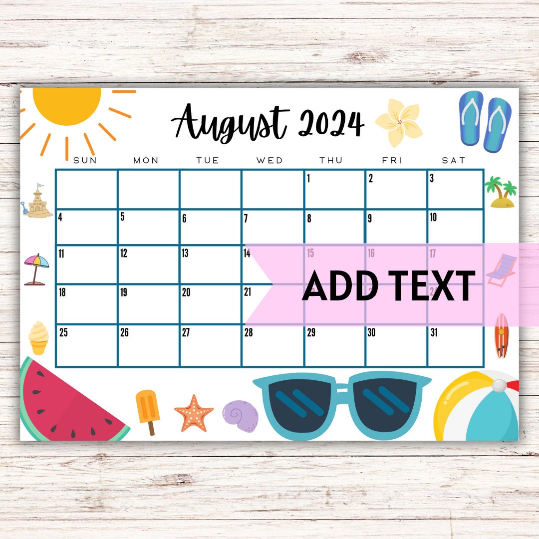 EDITABLE Printable August Calendar 2024 Cute Summer Themed Calendar W ...