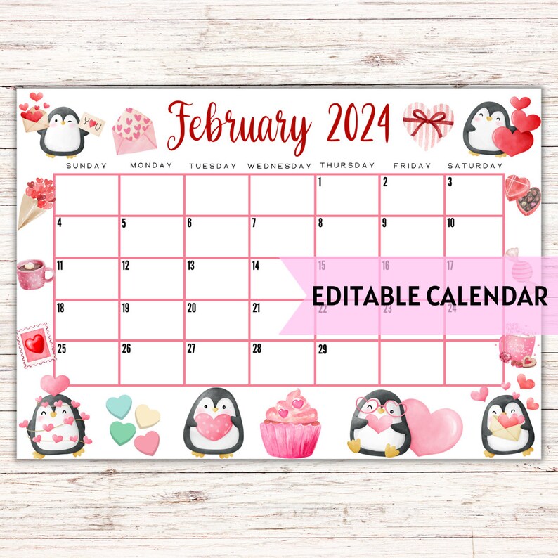 EDITABLE Printable February Calendar 2024 Cute - Etsy