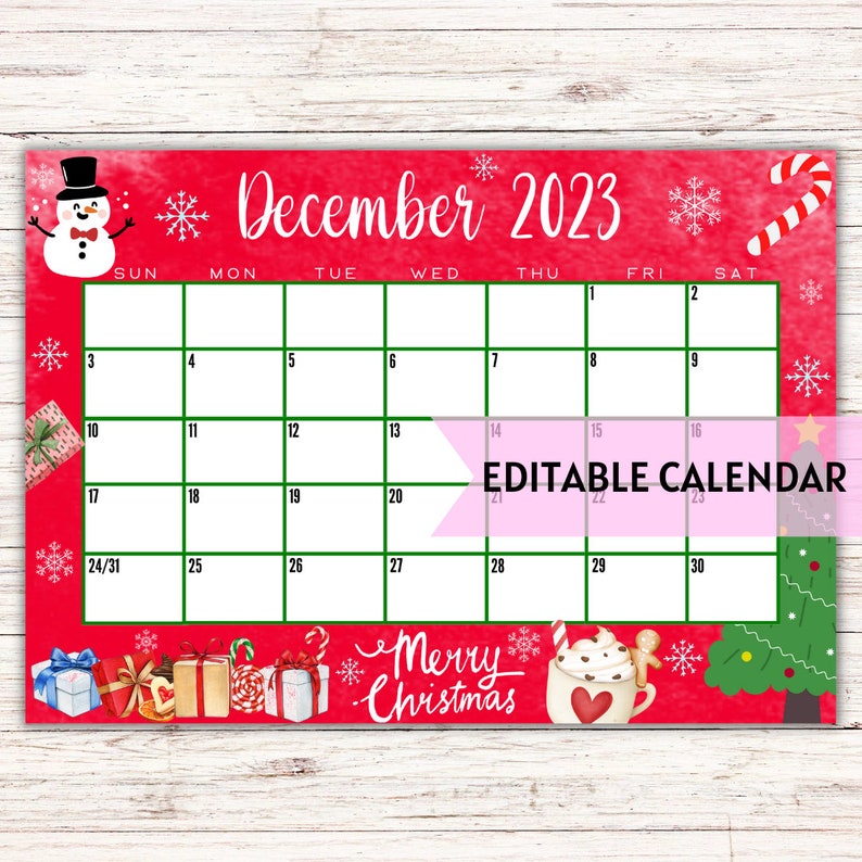 EDITABLE Printable December Calendar 2023 Cute Christmas December ...